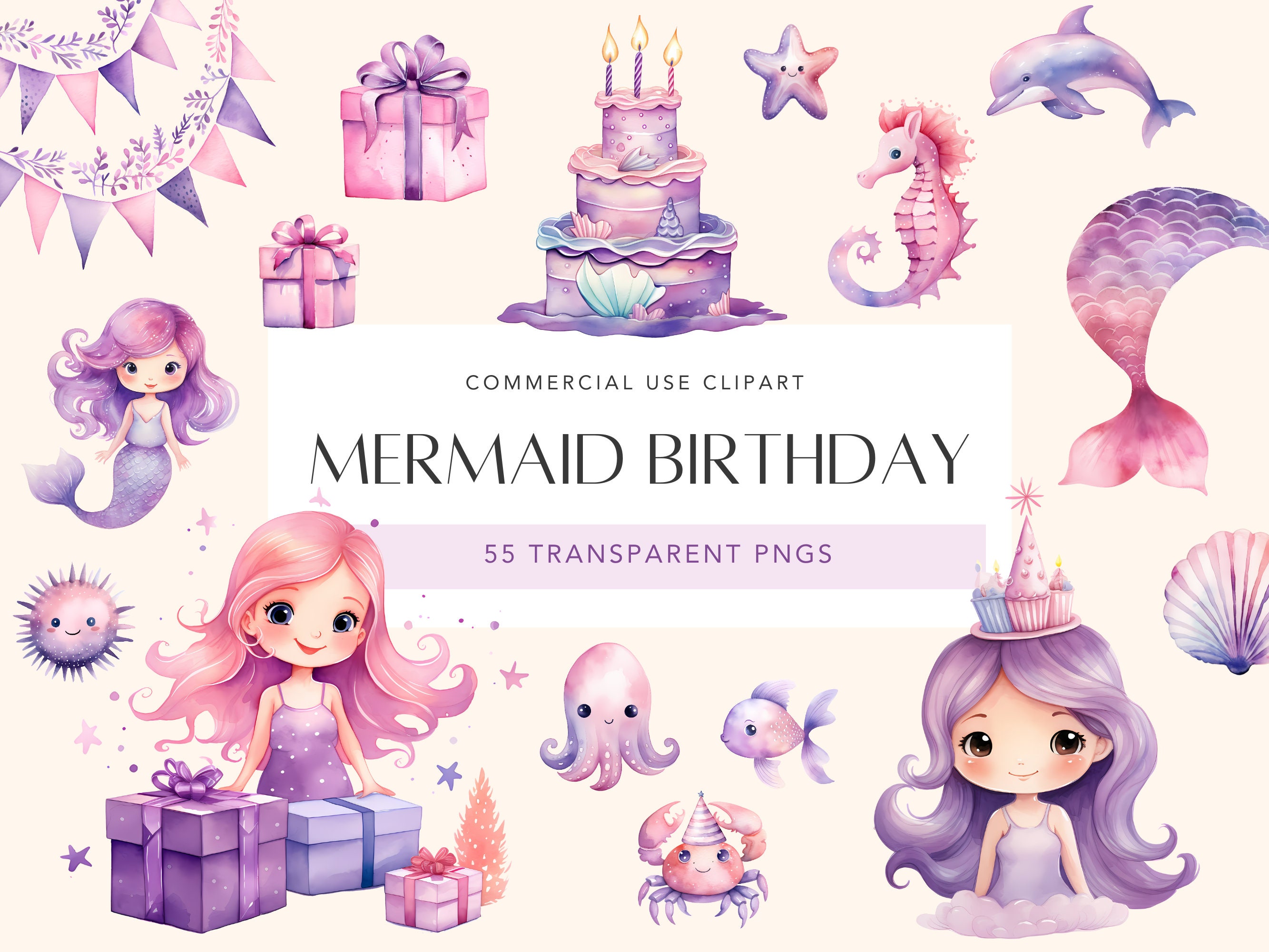Watercolor Mermaid Birthday Clipart Pastel Mermaid Clipart - Etsy