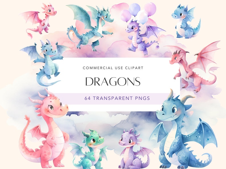 Cute Dragon Clipart Watercolor Dragon Clipart Pastel Baby Dragons PNG ...