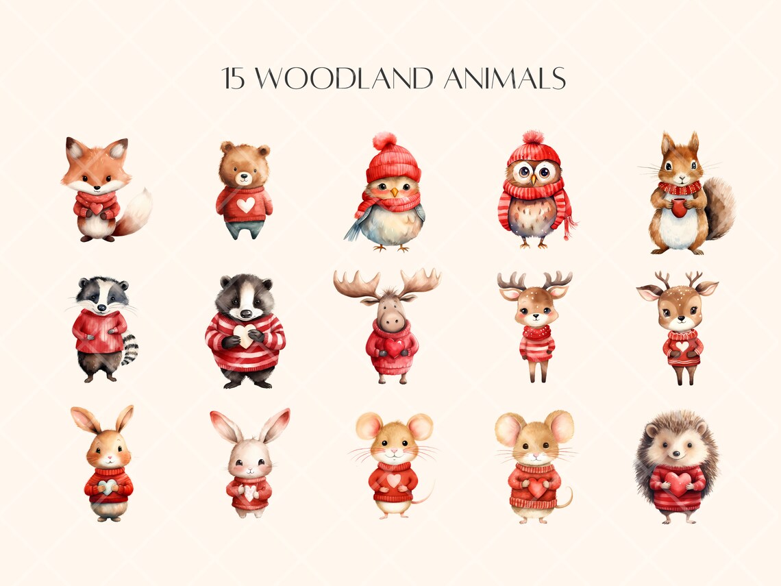 Woodland Valentines Clipart Cute Woodland Animals on Valentines Day ...