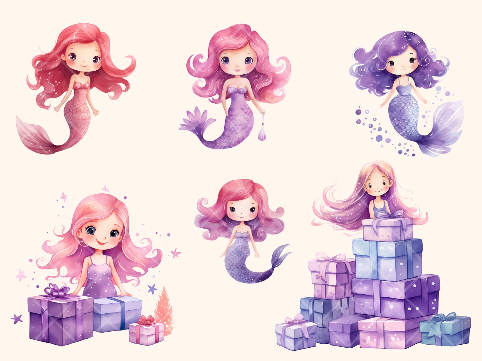 Watercolor Mermaid Birthday Clipart Pastel Mermaid Clipart - Etsy