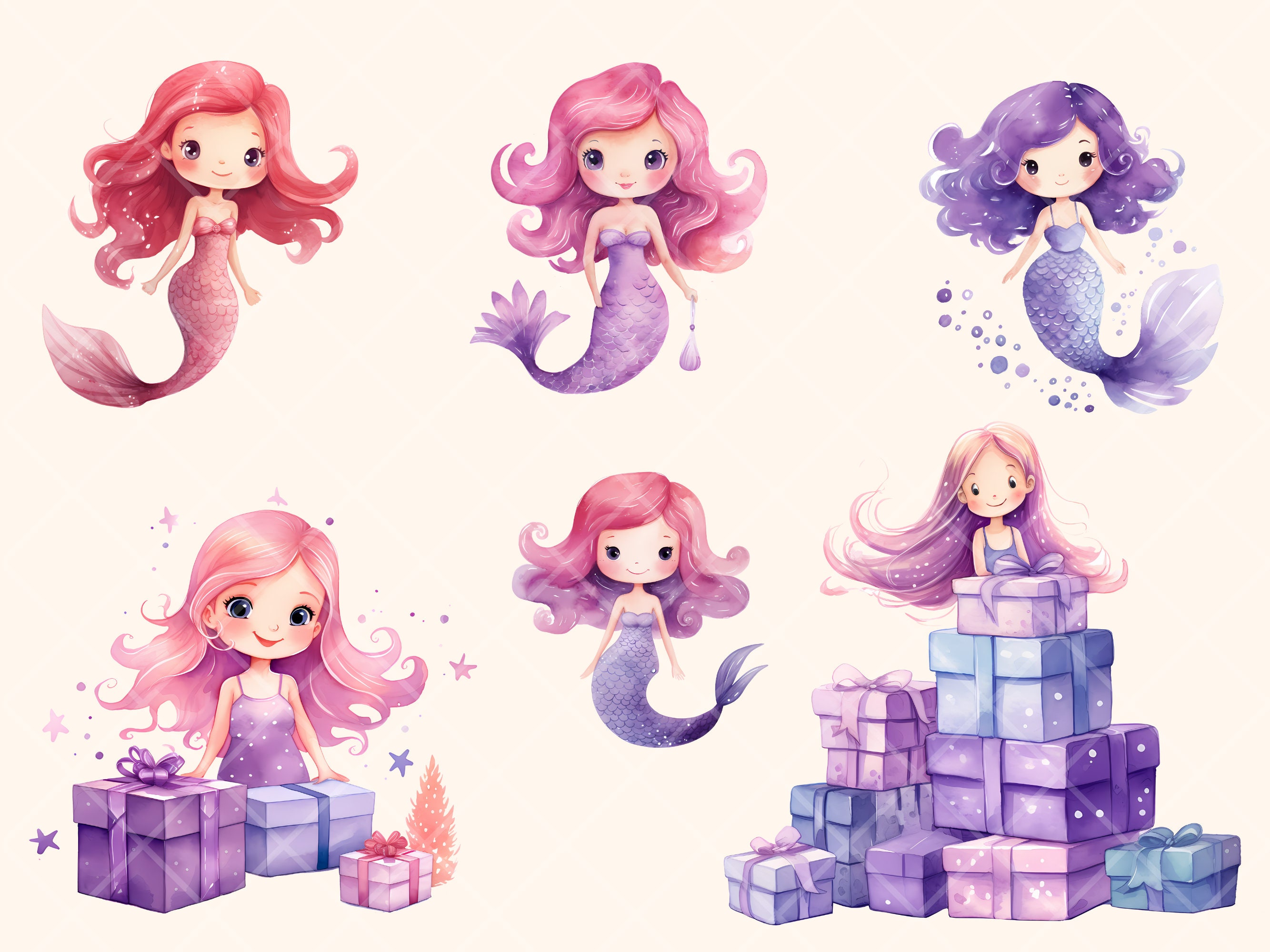 Watercolor Mermaid Birthday Clipart Pastel Mermaid Clipart - Etsy