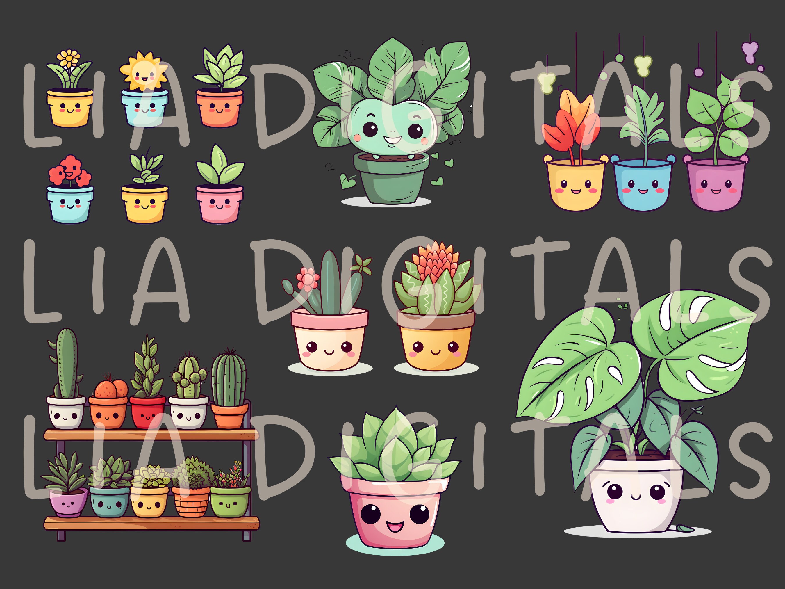 Watercolor Kawaii House Plant Clipart Kawaii Plants Clipart Cute House ...