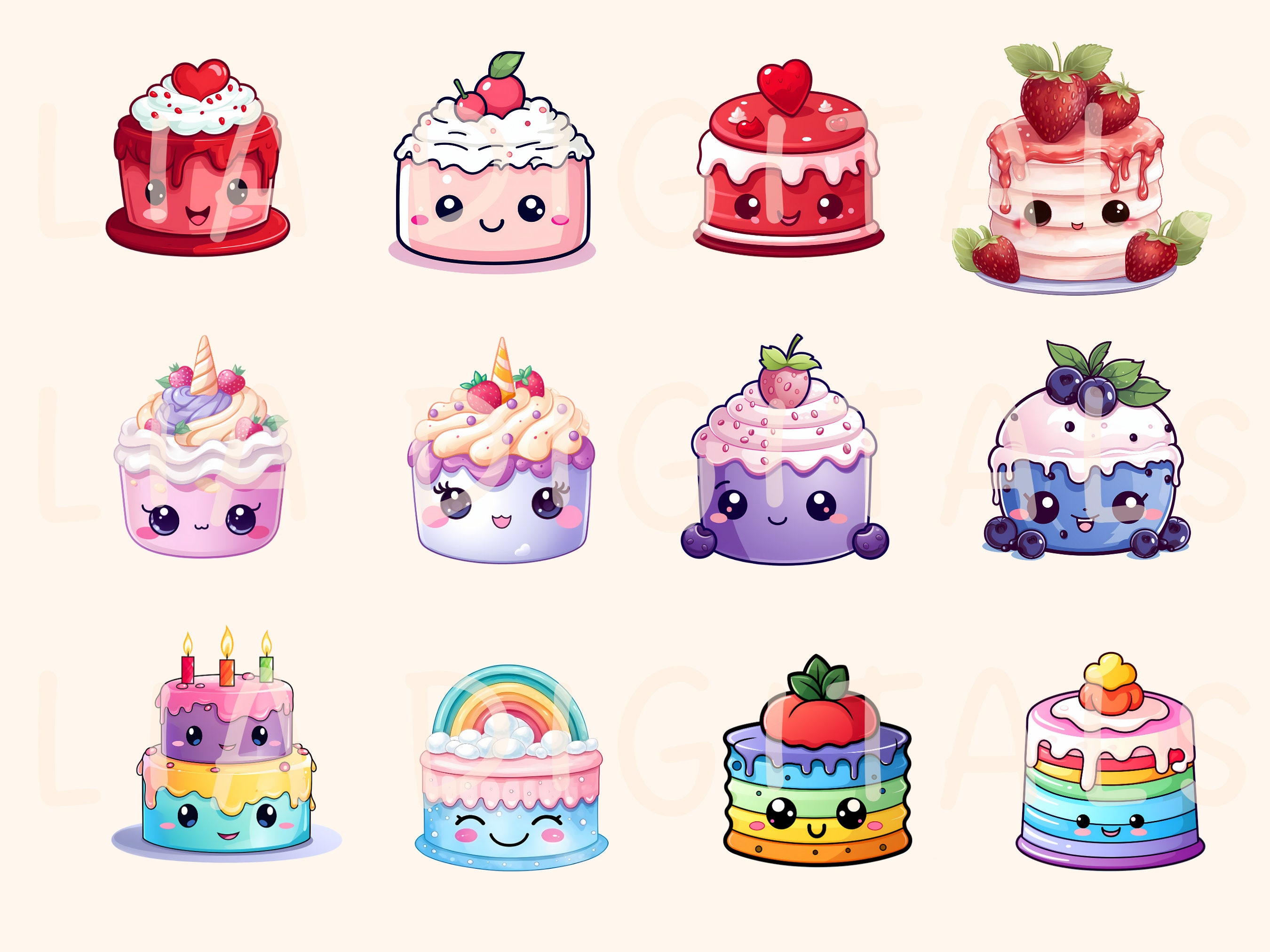 Kawaii Cakes Clipart Cute Birthday Cake Stickers Strawberry Rainbow ...