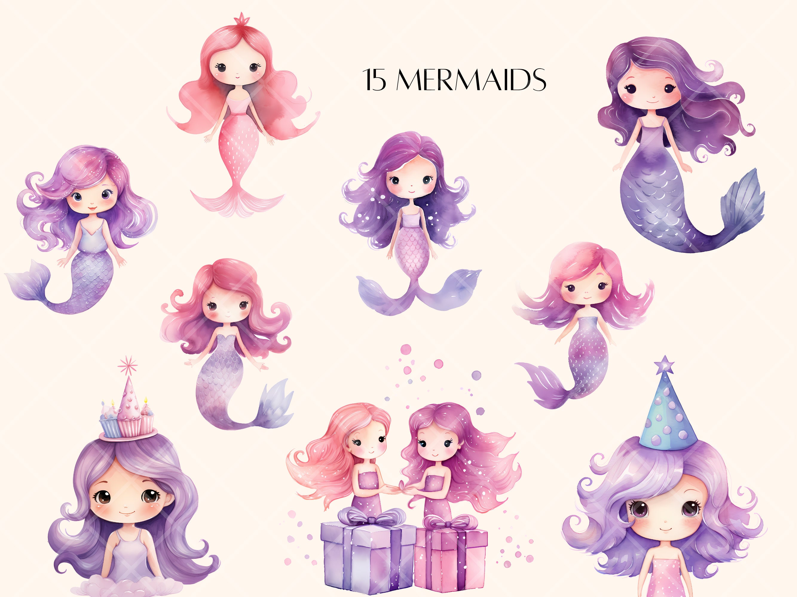 Watercolor Mermaid Birthday Clipart Pastel Mermaid Clipart - Etsy