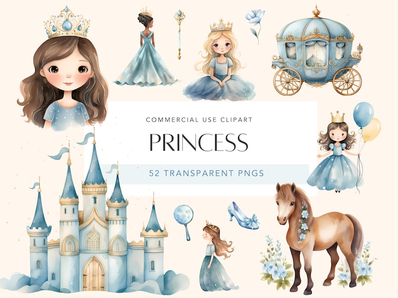Blue Princess Clipart Watercolor Cinderella Cute Princess Carriage ...