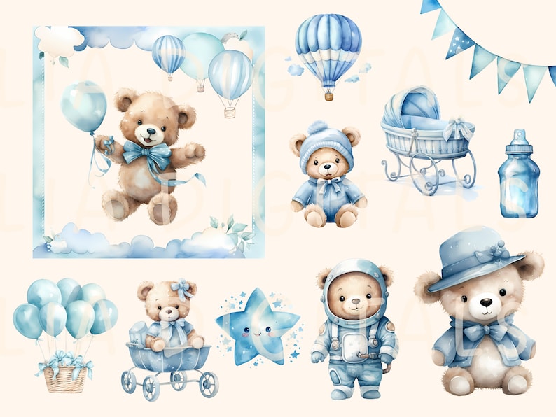 Watercolor Teddy Bear Clipart Bundle Baby Shower for a Boy Baby Blue ...