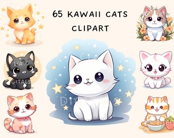 Cute Kawaii Cat Clipart Bundle 50 PNG Designs for Animal Stickers Black ...