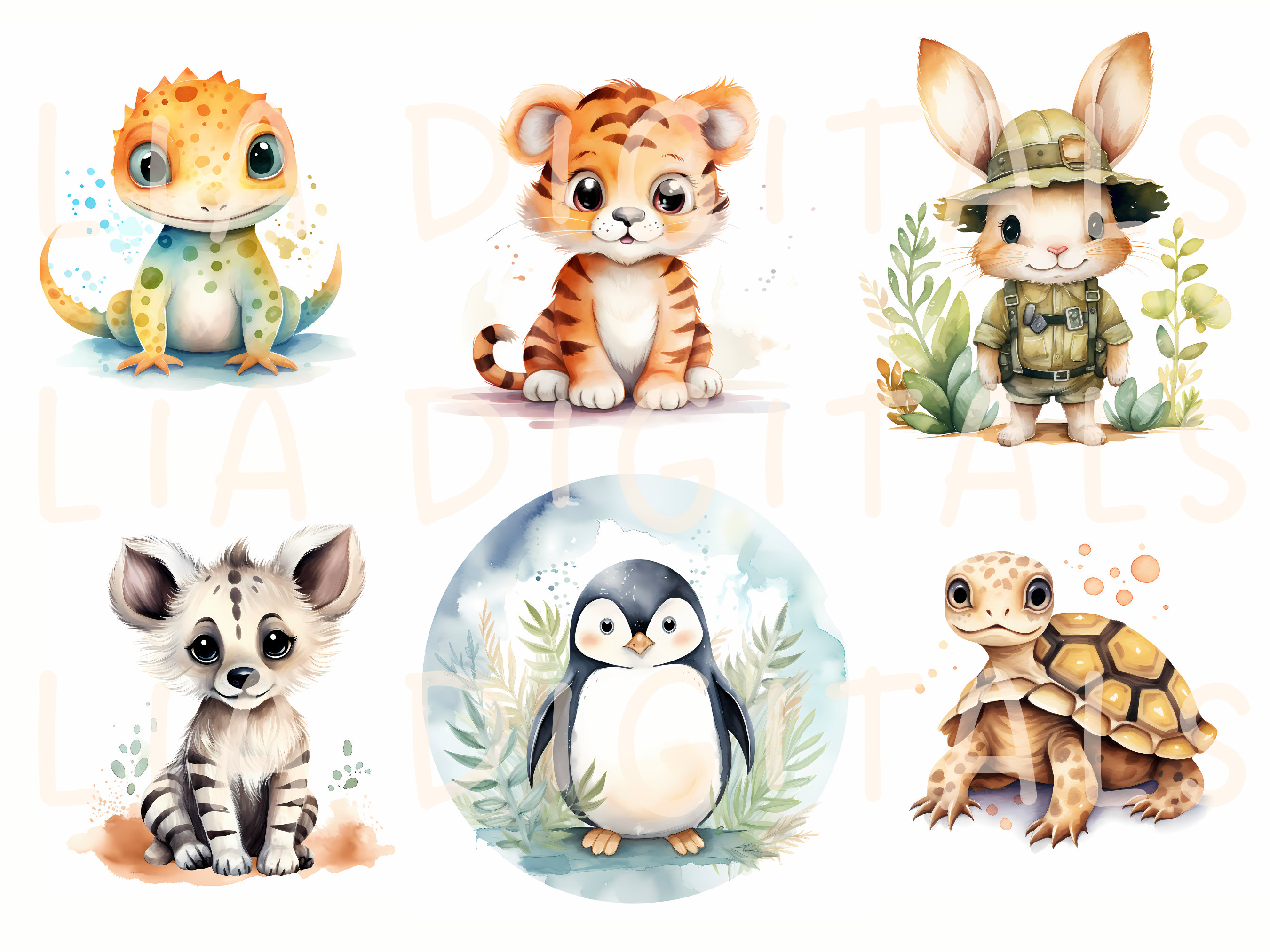 Watercolor Safari Animals Bundle Whimsical Baby Animal Clipart for ...