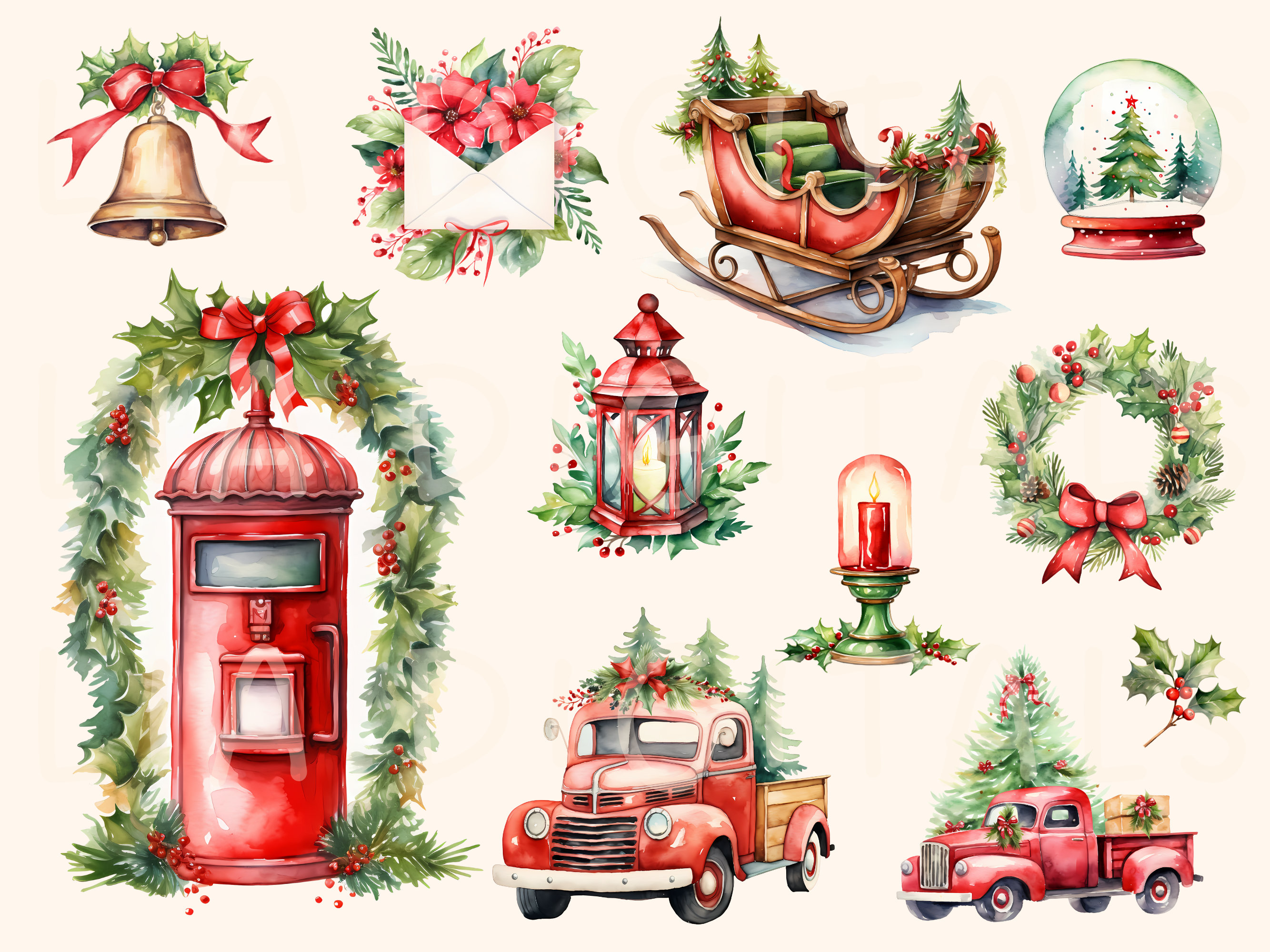 Watercolor Christmas Clipart Set Classic Christmas Clipart Bundle Red ...
