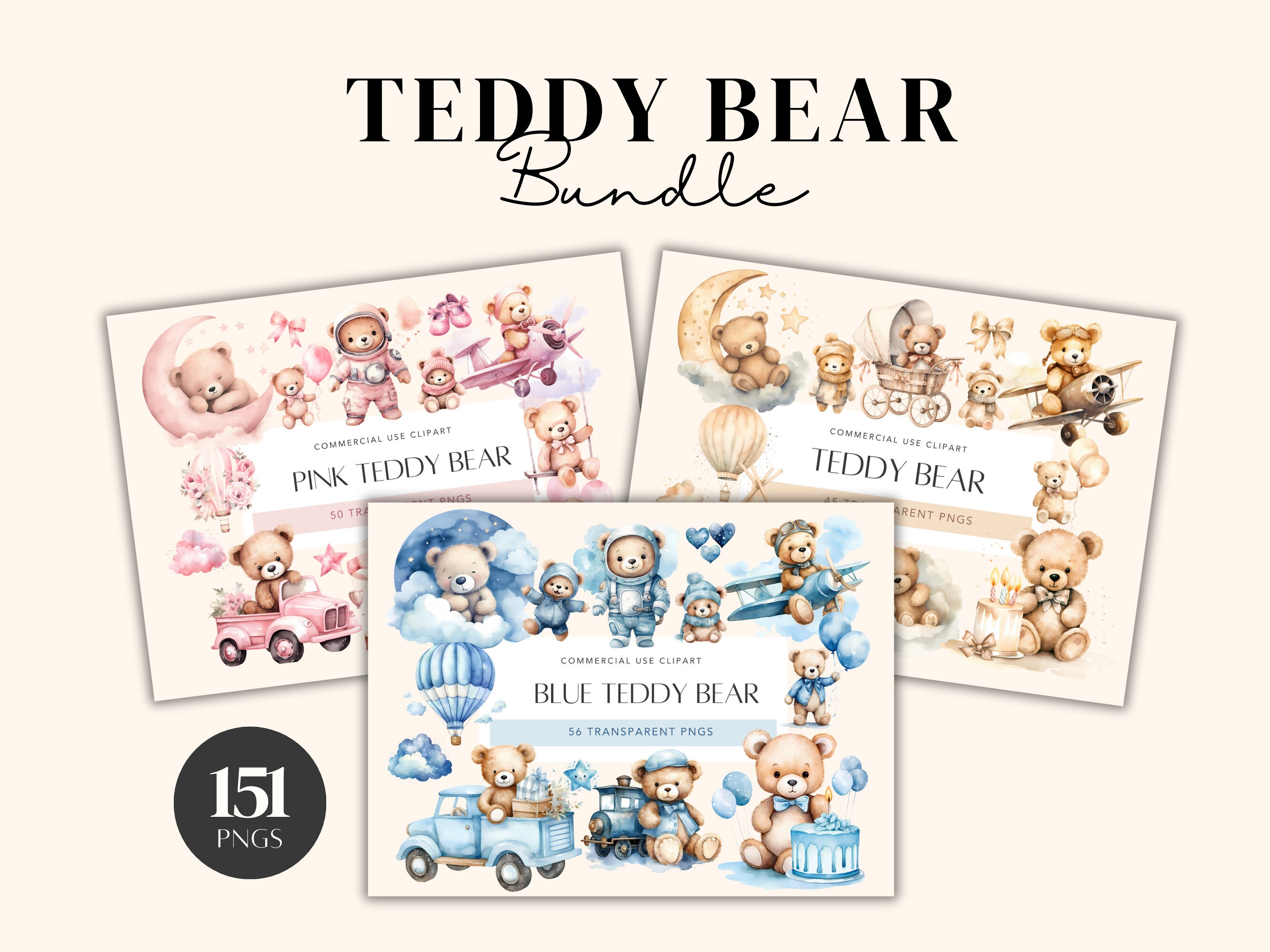 Watercolor Teddy Bear Clipart Bundle Big Teddy Bear PNG Bundle Pink ...
