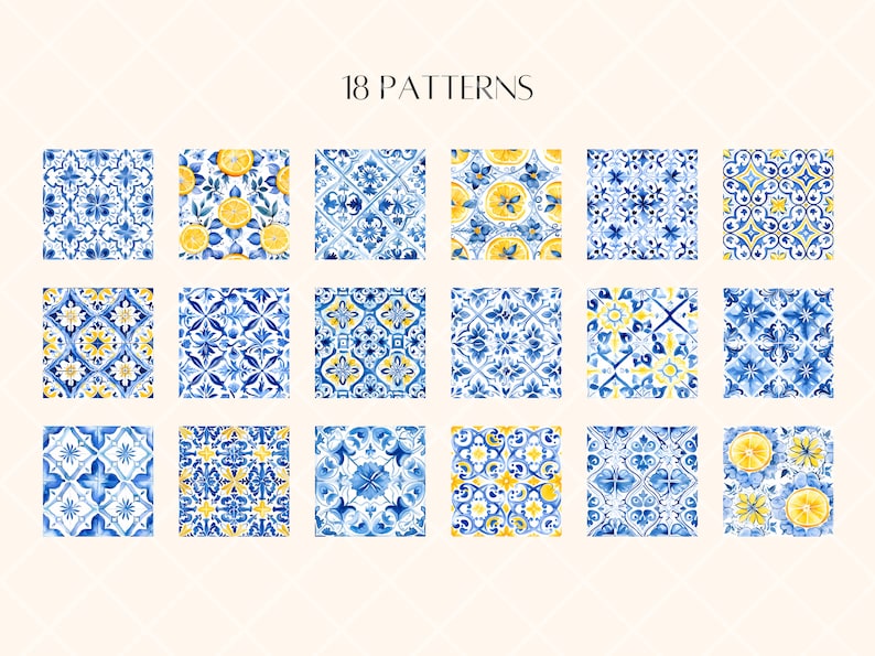 Mediterranean Watercolor Clipart Blue and White Tiles and Lemon ...