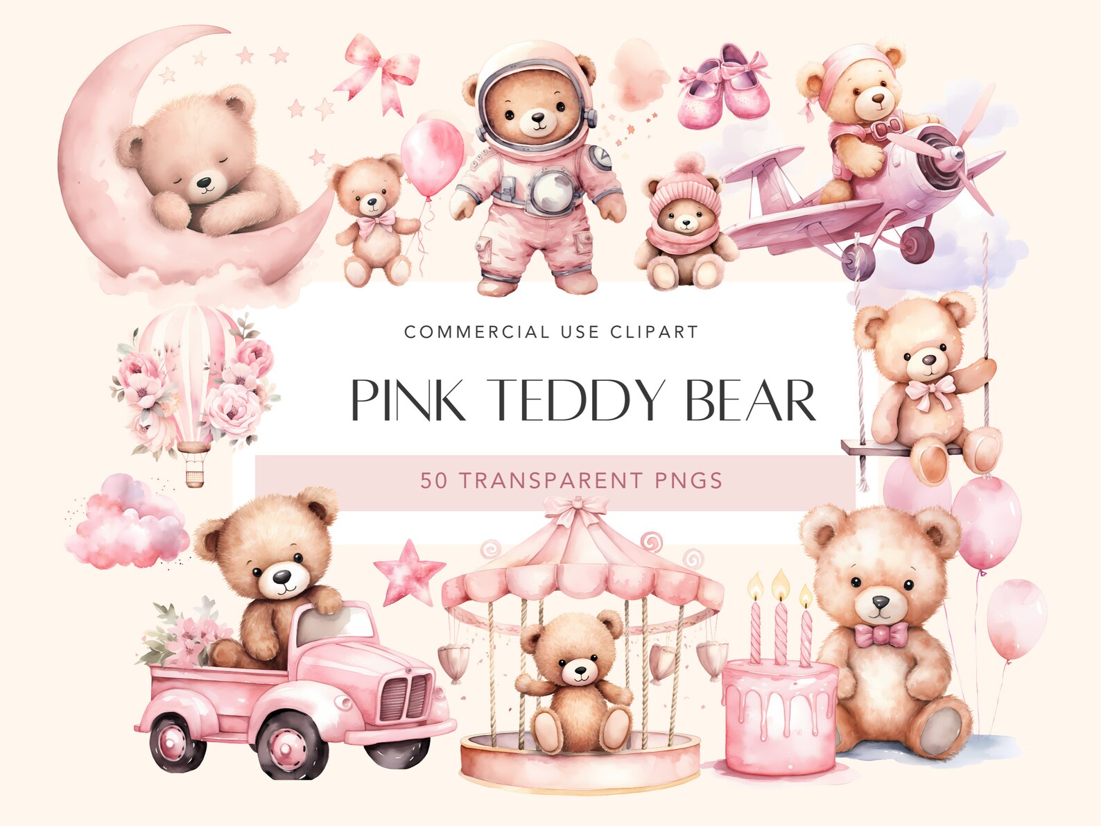 Watercolor Teddy Bear Clipart Bundle Big Teddy Bear PNG Bundle Pink ...