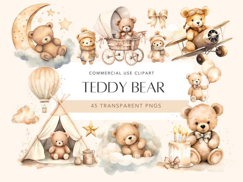 Watercolor Teddy Bear Clipart Bundle Big Teddy Bear PNG Bundle Pink ...