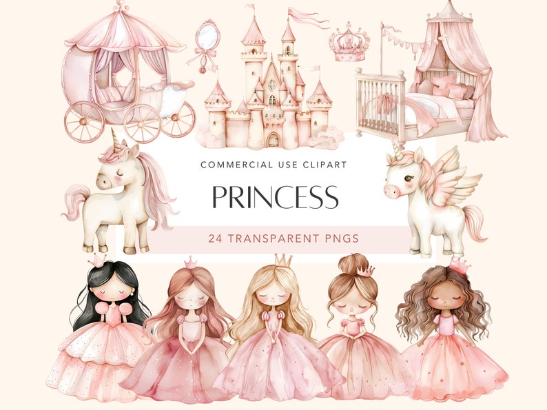 Pink Princess Watercolor Clipart Princess Clipart Royal Clipart Unicorn ...