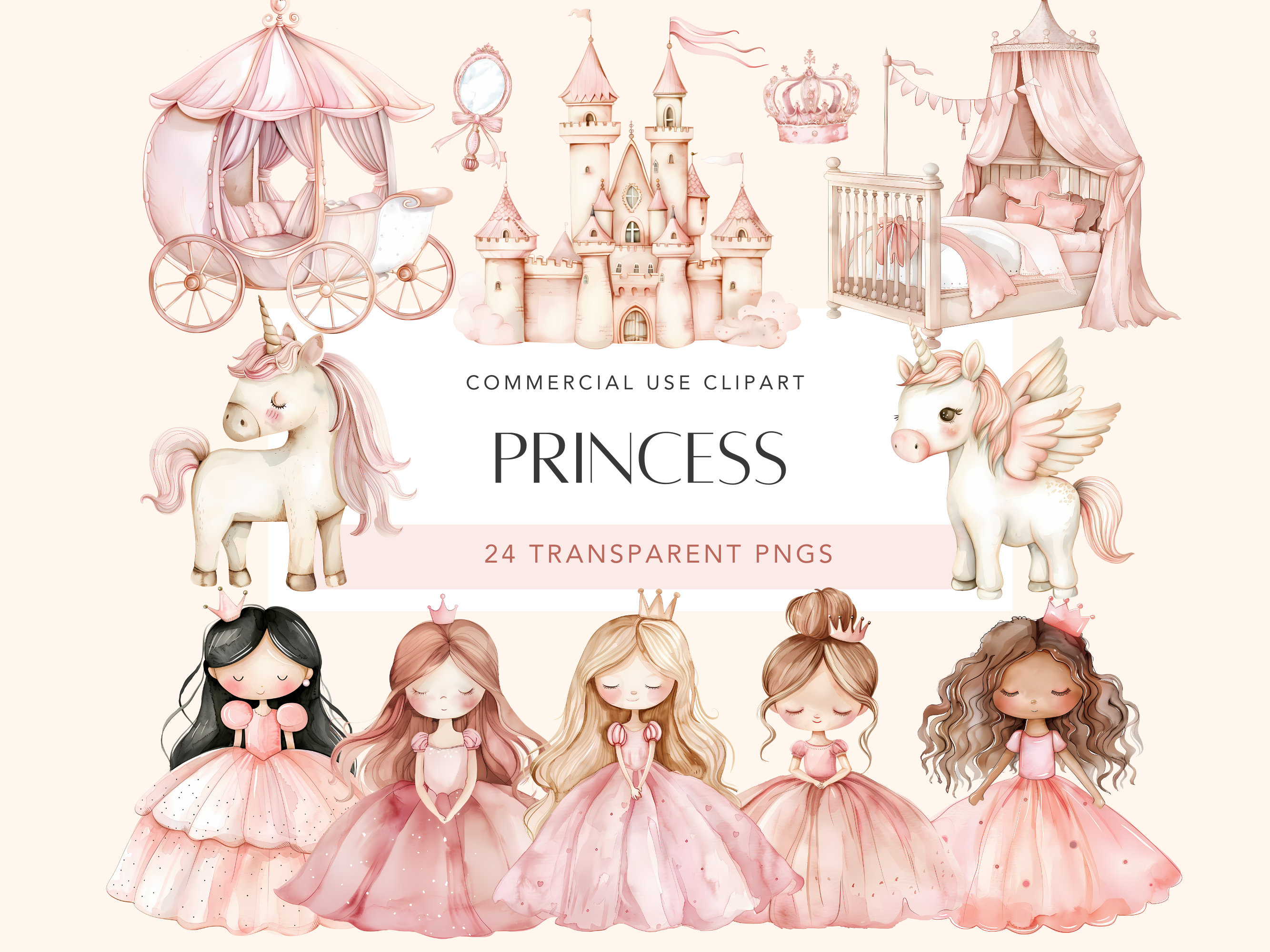 Pink Princess Watercolor Clipart Princess Clipart Royal Clipart Unicorn ...