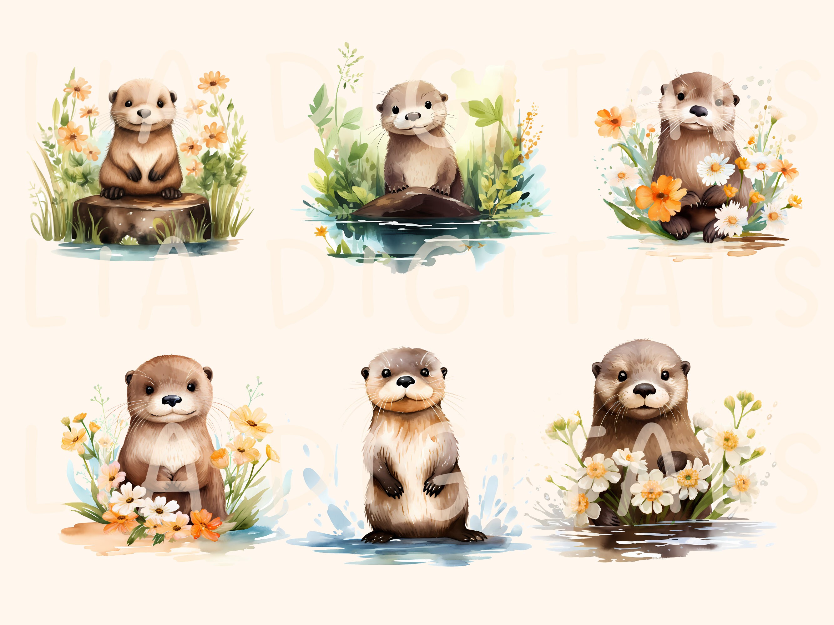 Otter Watercolor Clipart Cute Baby Shower Graphics Nursery Decor Wall ...