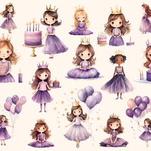 Purple Princess Clipart Watercolor Birthday Princess Clipart Cute ...