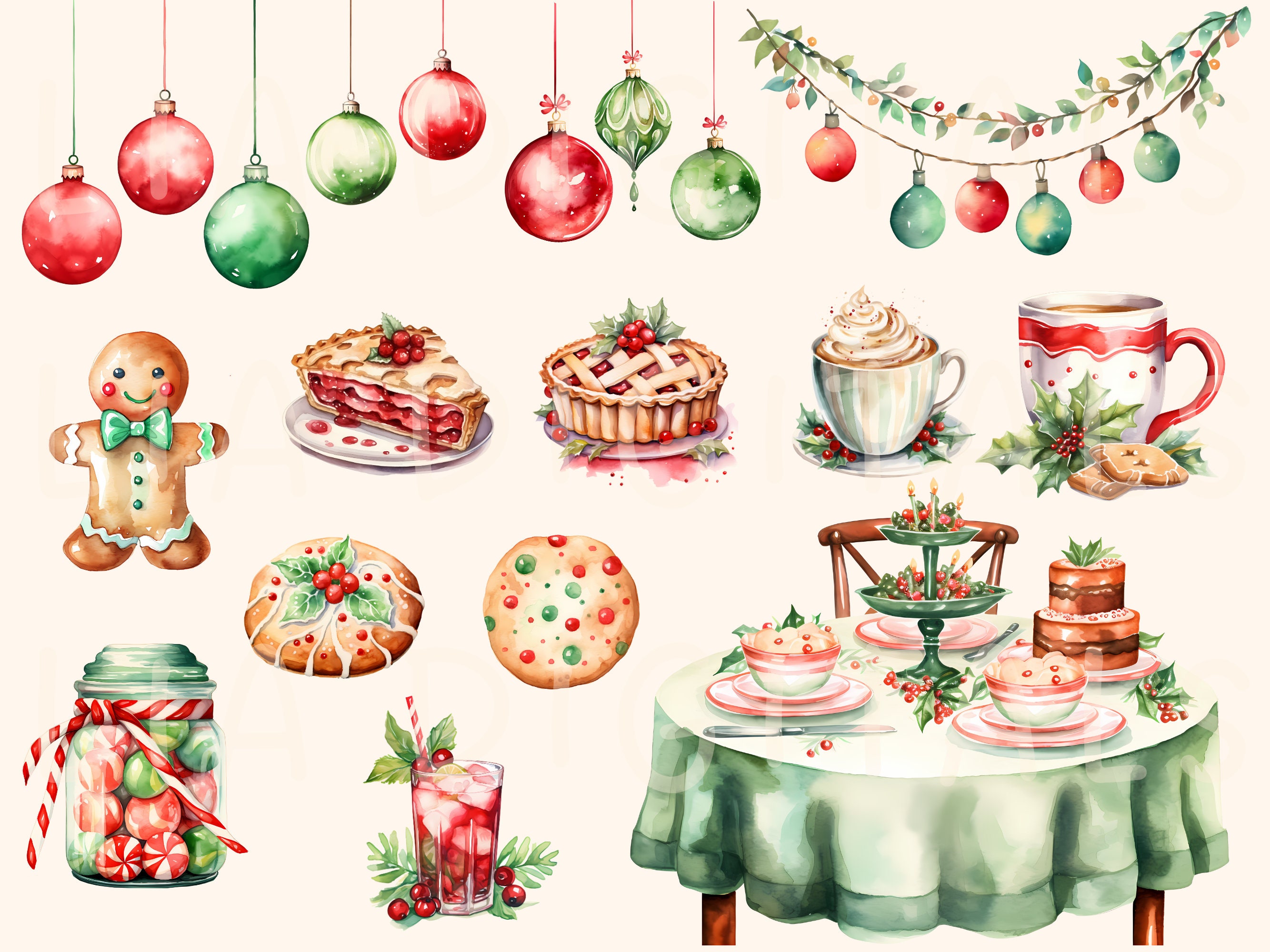 Watercolor Christmas Clipart Set Classic Christmas Clipart Bundle Red ...