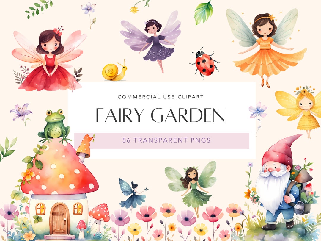 Watercolor Fairy Garden Clipart Bundle Cute Fairy Garden Clipart Fairy ...
