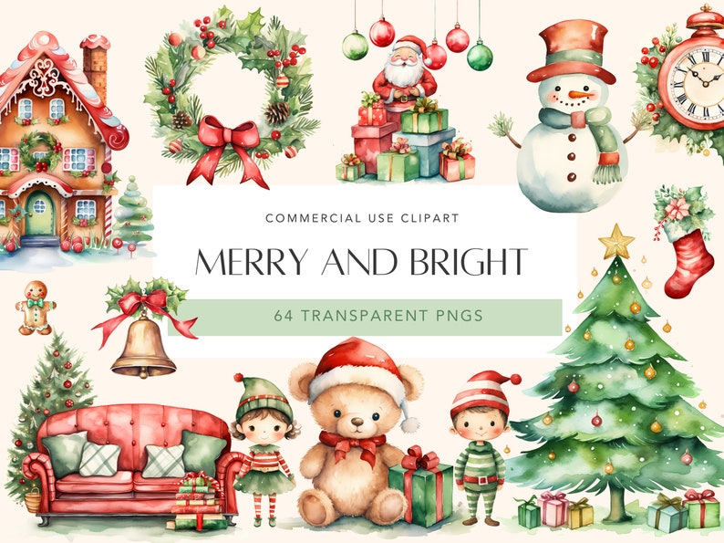 Watercolor Christmas Clipart Set Classic Christmas Clipart Bundle Red ...