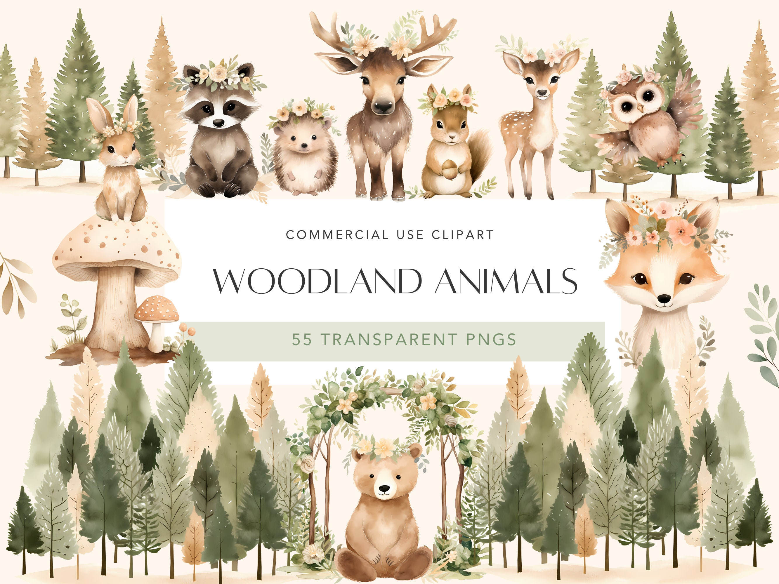 Woodland Animals Clipart Boho Woodland Forest Animals Clipart Cute ...