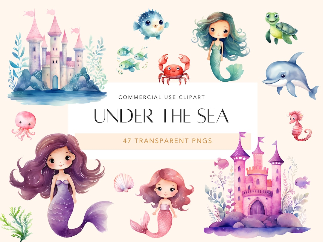 Mermaid Clipart Under the Sea Art Cute Sea Animals Watercolor - Etsy