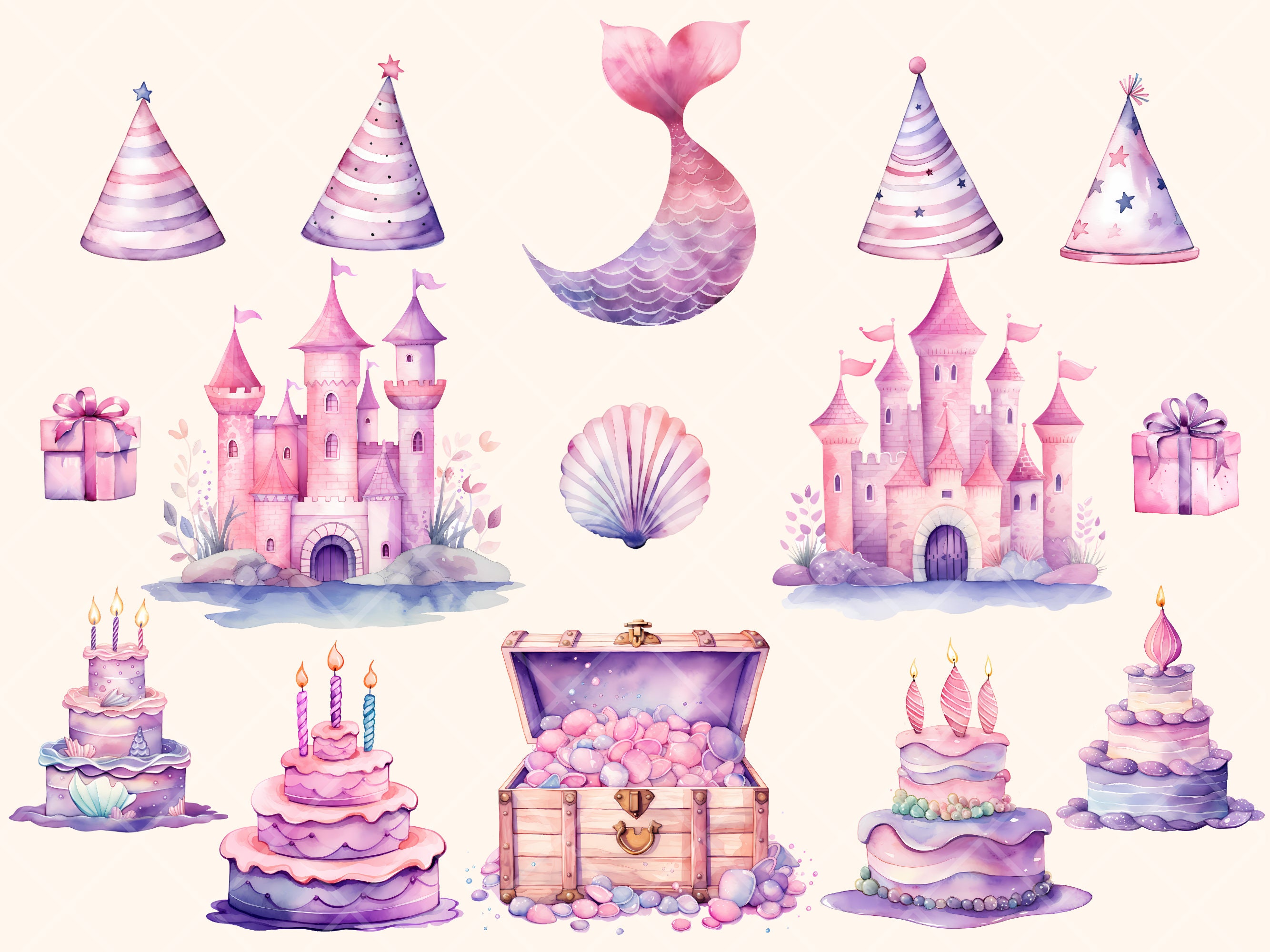 Watercolor Mermaid Birthday Clipart Pastel Mermaid Clipart - Etsy