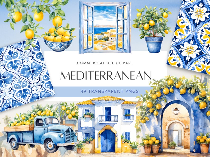 Mediterranean Watercolor Clipart Blue and White Tiles and Lemon ...