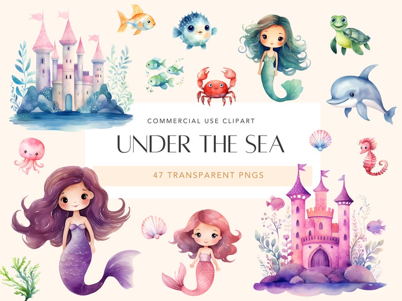 Mermaid Clipart Under the Sea Art Cute Sea Animals Watercolor Clipart ...