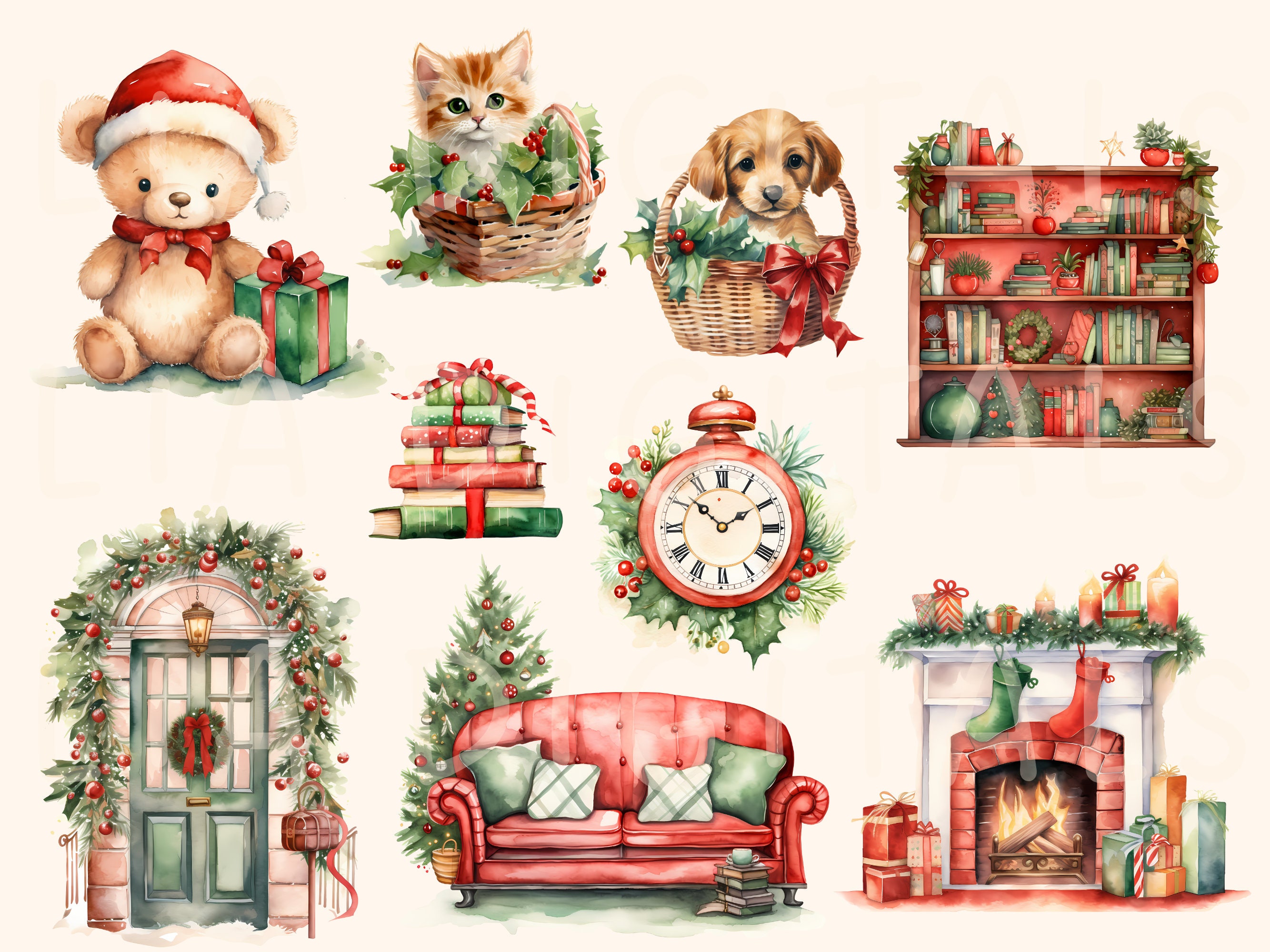 Watercolor Christmas Clipart Set Classic Christmas Clipart Bundle Red ...