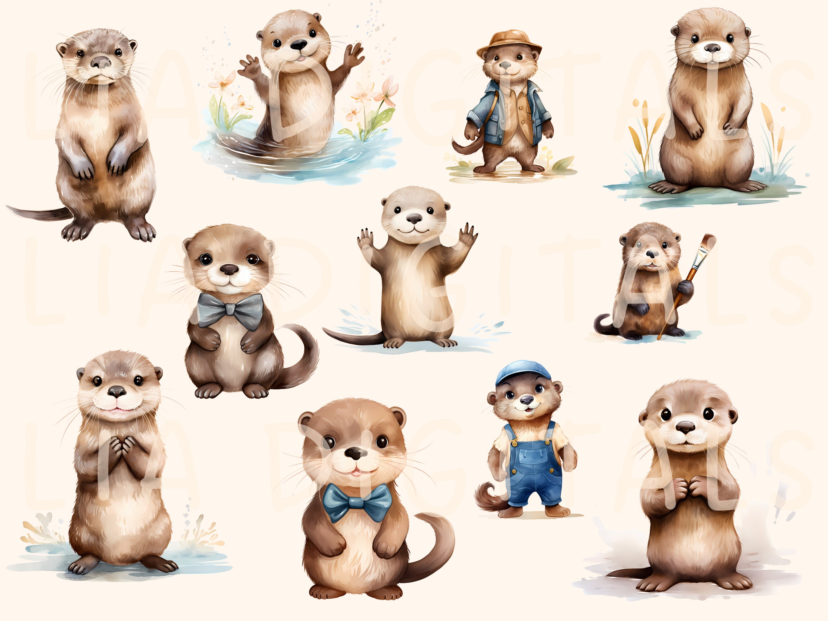 Otter Watercolor Clipart Cute Baby Shower Graphics Nursery Decor Wall ...