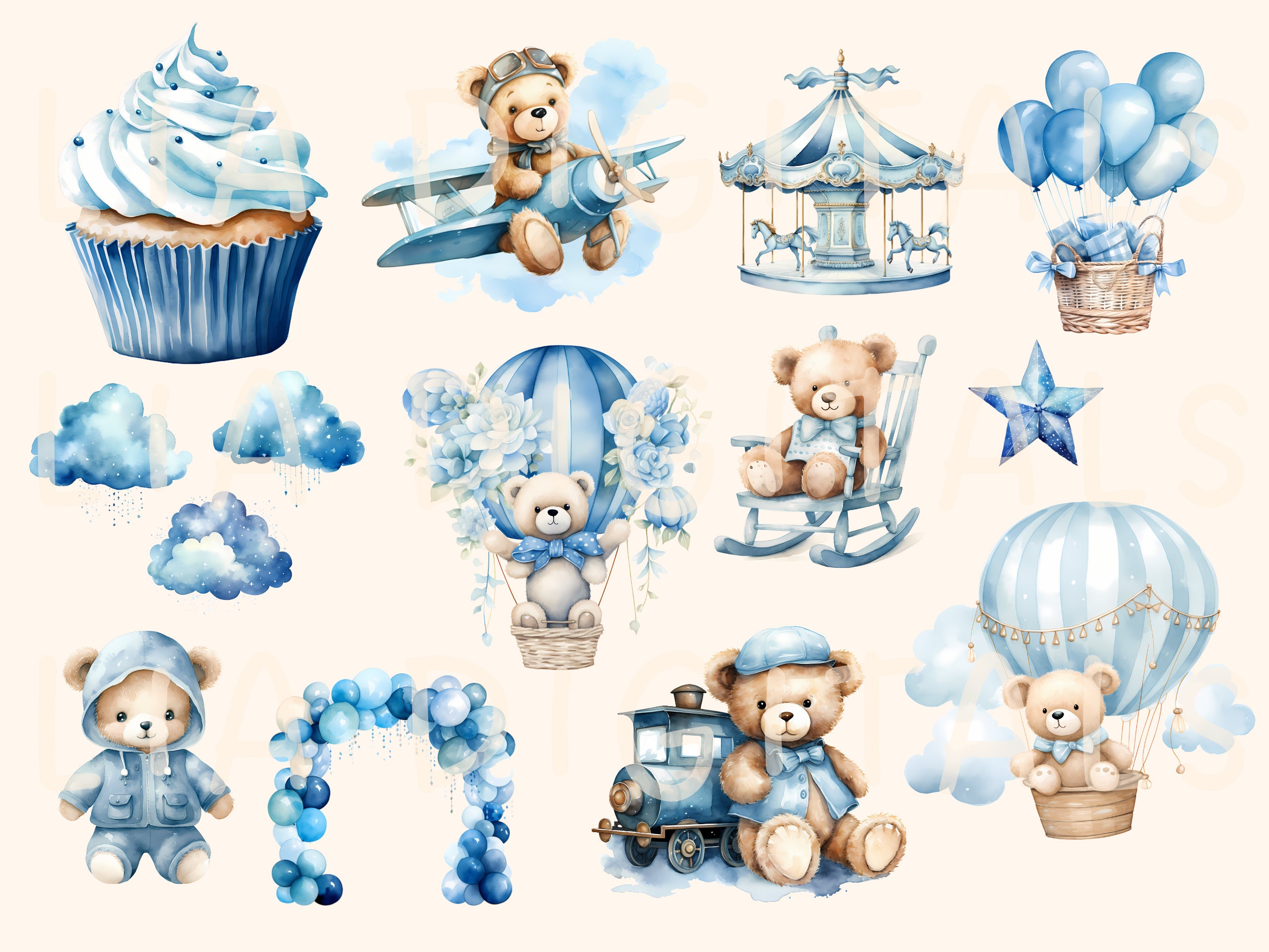 Watercolor Teddy Bear Clipart Bundle Baby Shower for a Boy Baby Blue ...