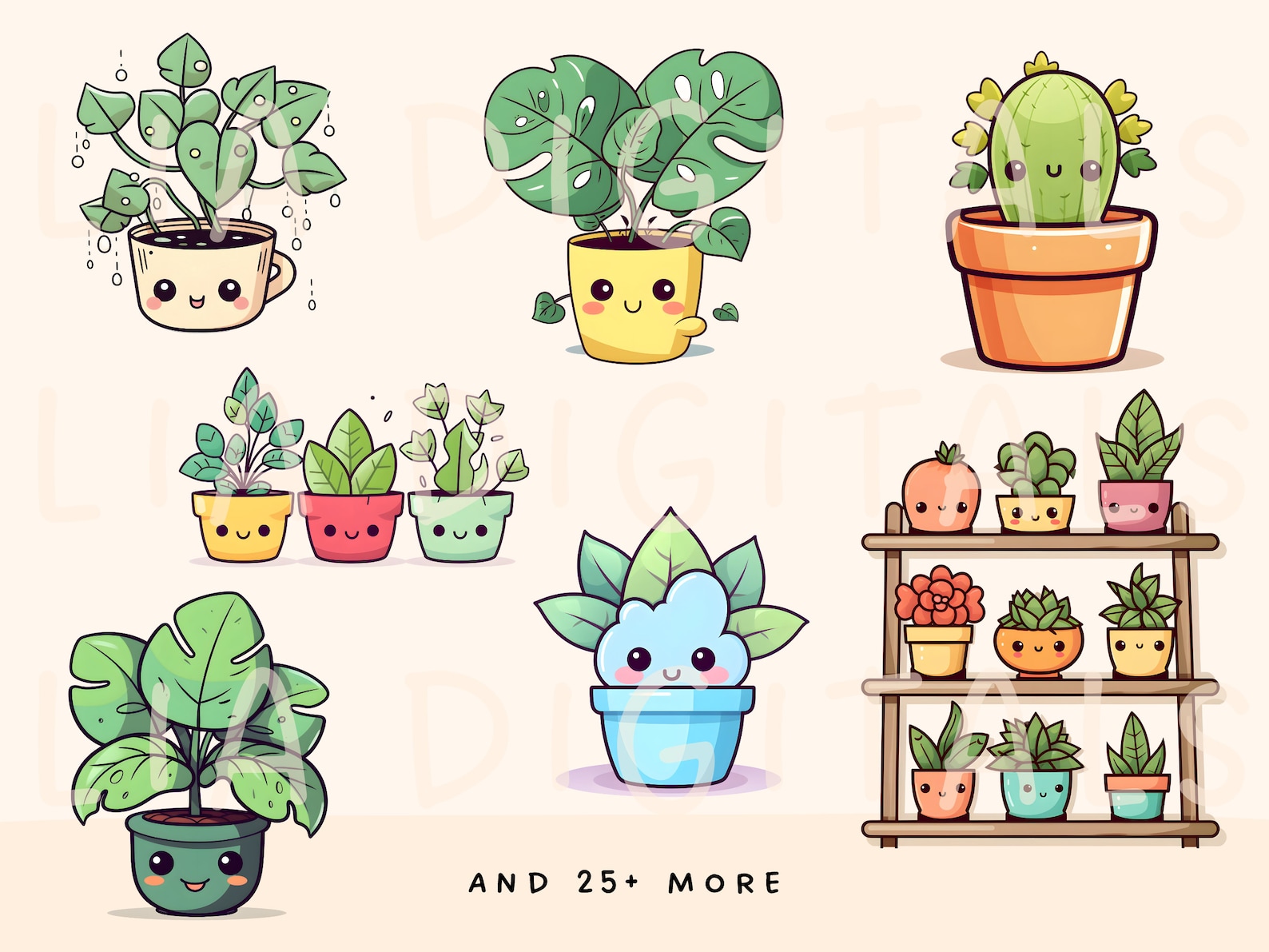 Watercolor Kawaii House Plant Clipart Kawaii Plants Clipart Cute House ...