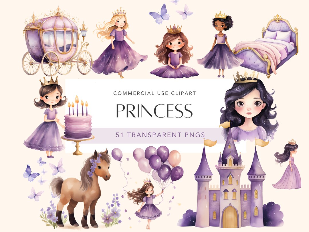 Purple Princess Clipart Watercolor Birthday Princess Clipart Cute ...
