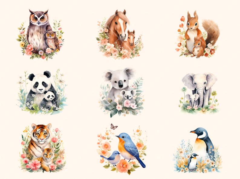 Watercolor Mama and Baby Animal Clipart for Mother's Day Clipart Cute ...