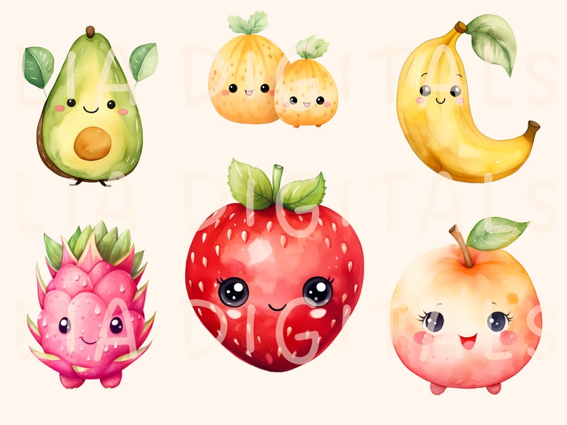 Kawaii Fruit Clipart Set Watercolor Fruit PNG Cute Scrapbook - Etsy