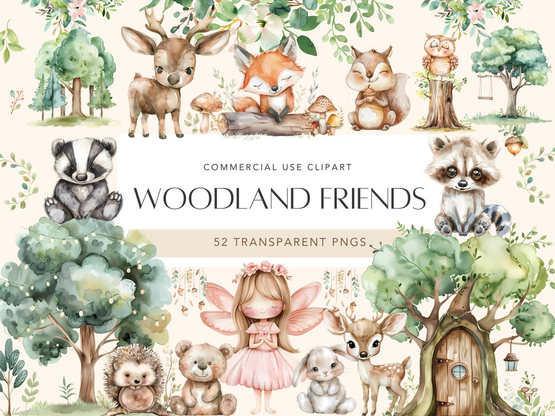 Woodland Animals Watercolor Clipart Baby Shower Clipart Cute Forest ...