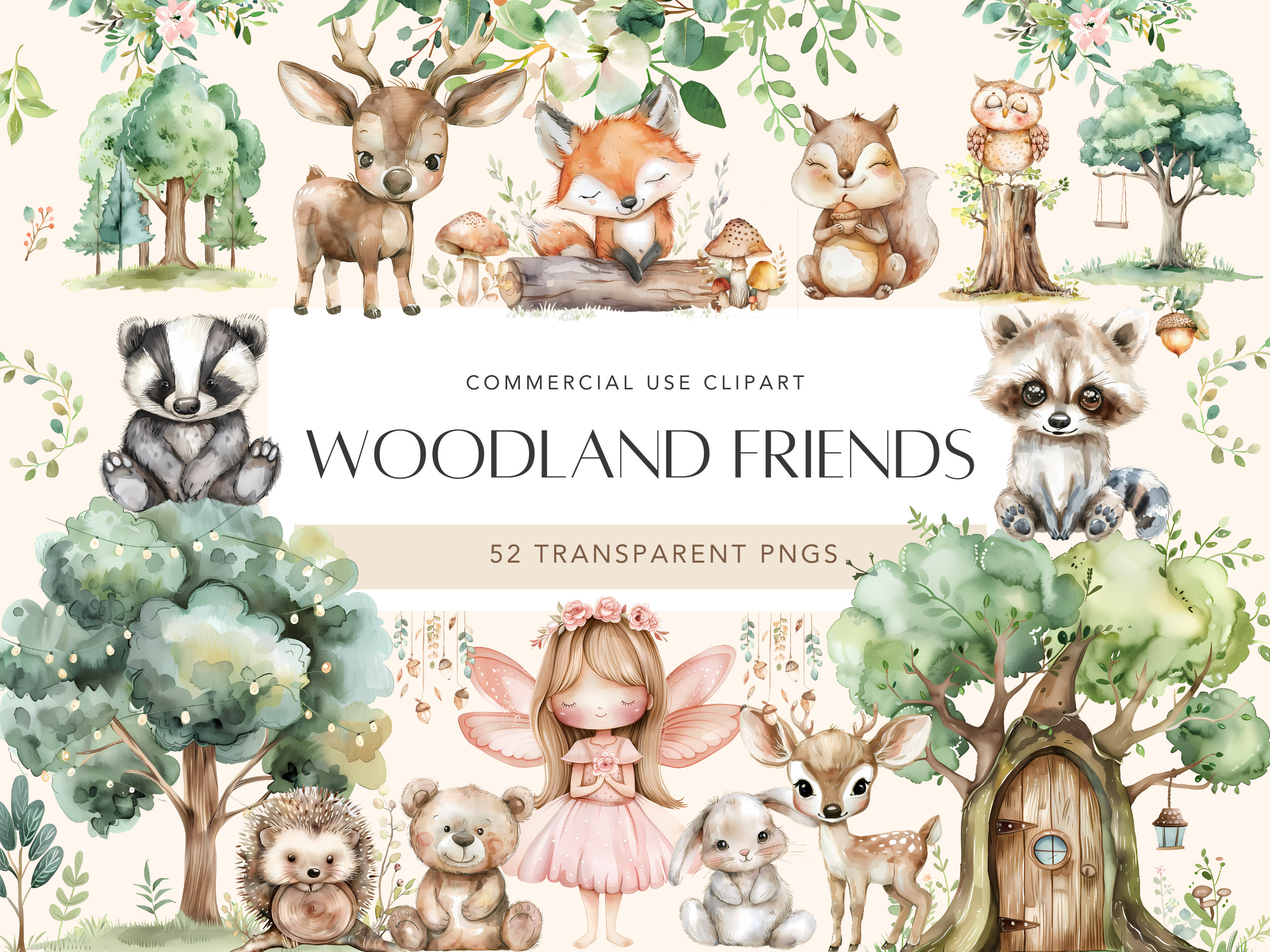 Woodland Animals Watercolor Clipart Baby Shower Clipart Cute Forest ...
