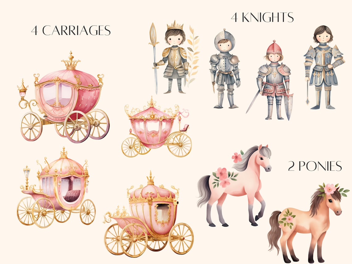 Pink Princess Clipart Watercolor Cute Princess and Knight Carriage ...