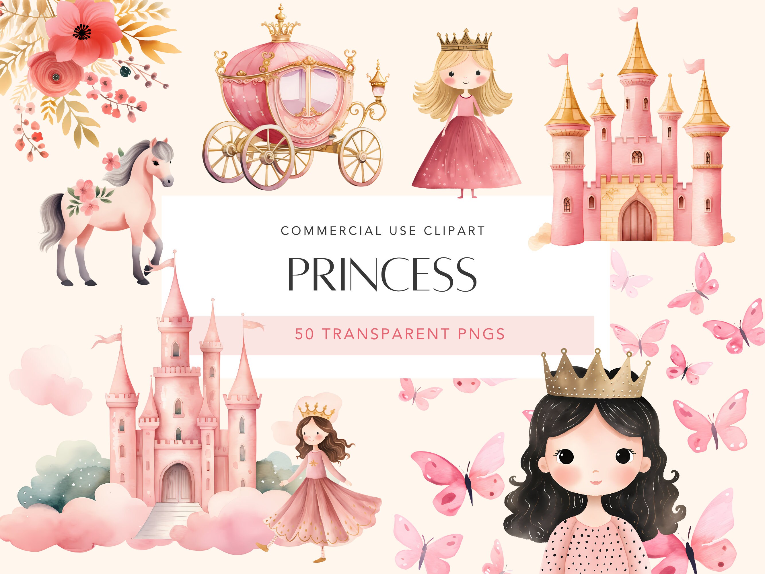 Pink Princess Clipart Watercolor Cute Princess and Knight Carriage ...
