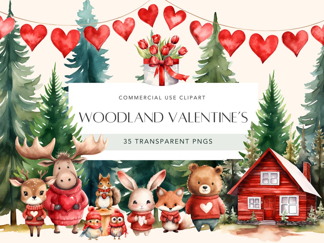 Woodland Valentines Clipart Cute Woodland Animals on Valentines Day ...