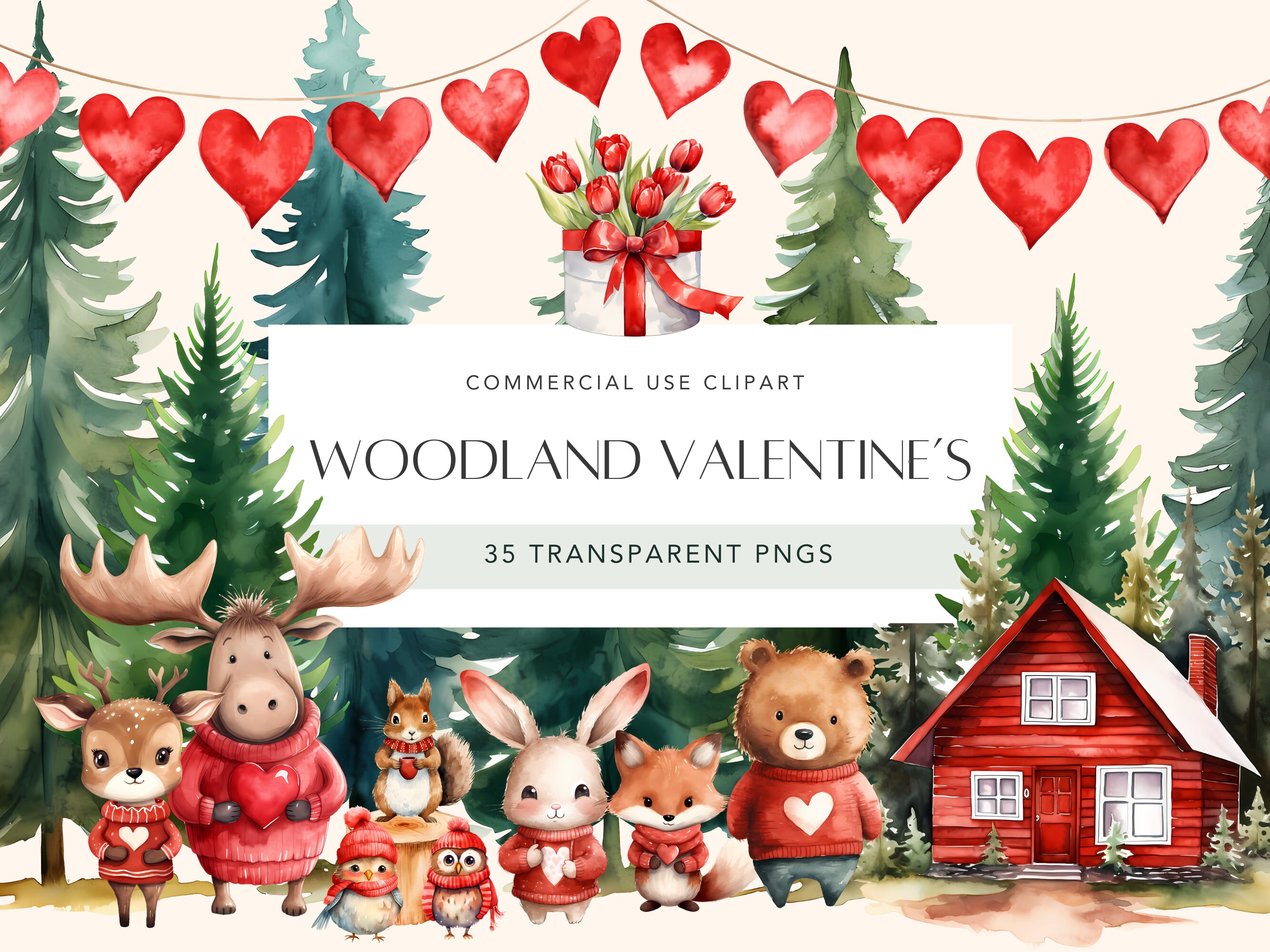 Woodland Valentines Clipart Cute Woodland Animals on Valentines Day ...