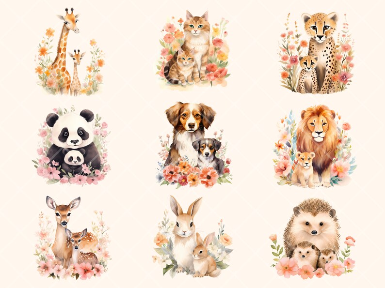 Watercolor Mama and Baby Animal Clipart for Mother's Day Clipart Cute ...