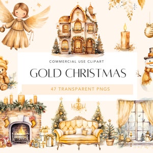 Gold Christmas Clipart Watercolor Bundle Winter Holiday Clipart Elegant ...