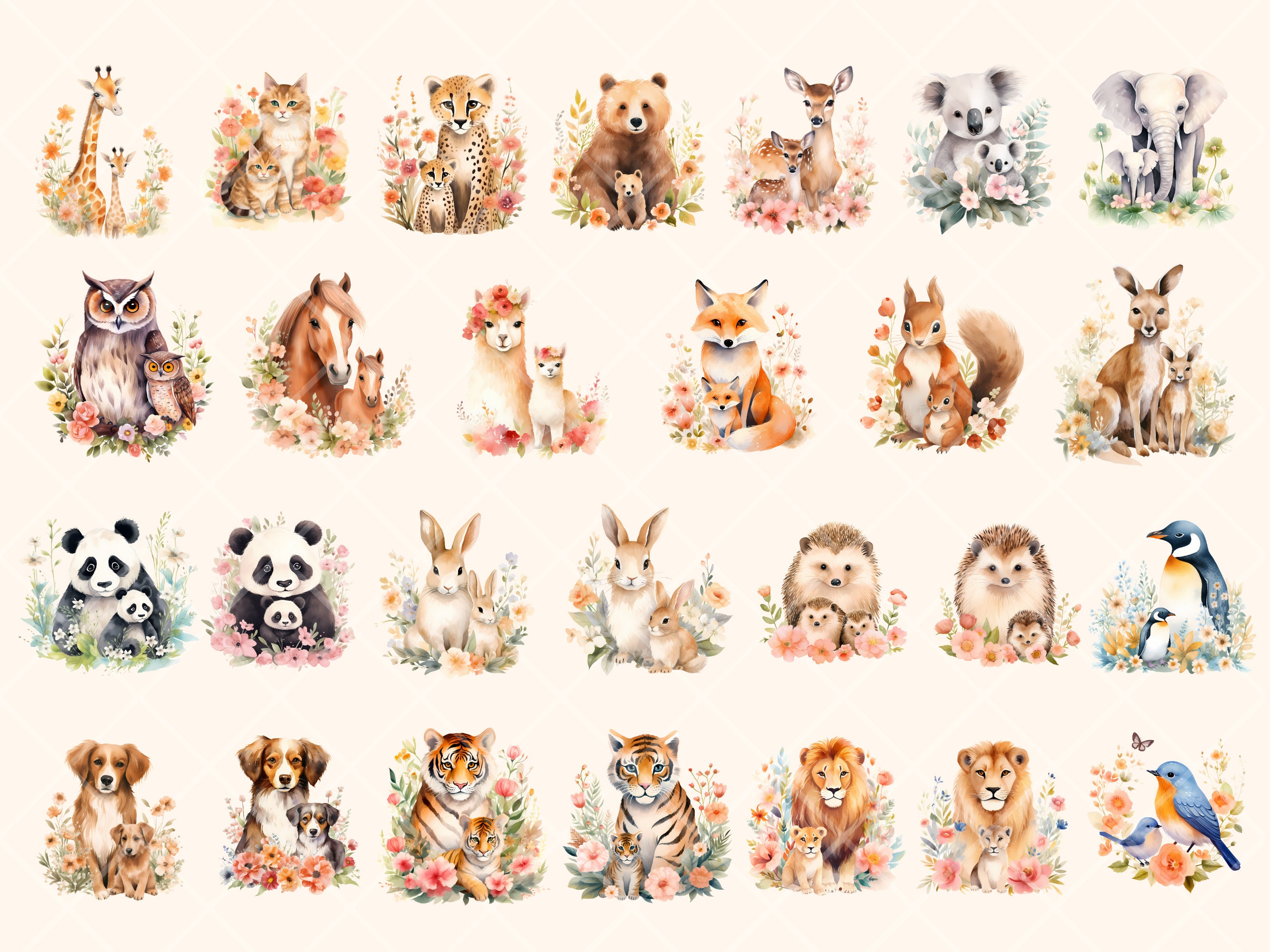 Watercolor Mama and Baby Animal Clipart for Mother's Day Clipart Cute ...