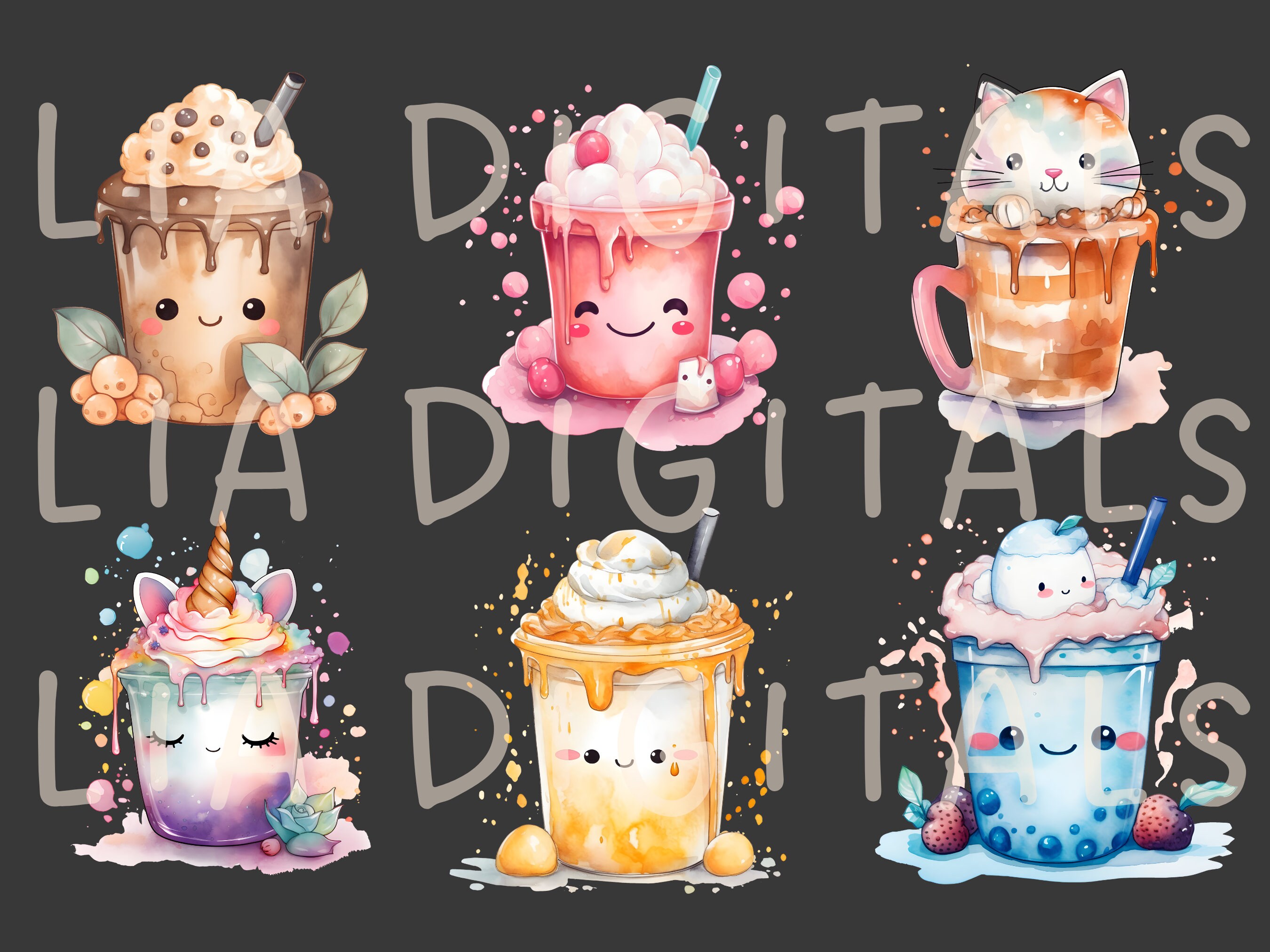 Watercolor Kawaii Clipart Set Boba Tea Clipart Kawaii Bubble Tea ...