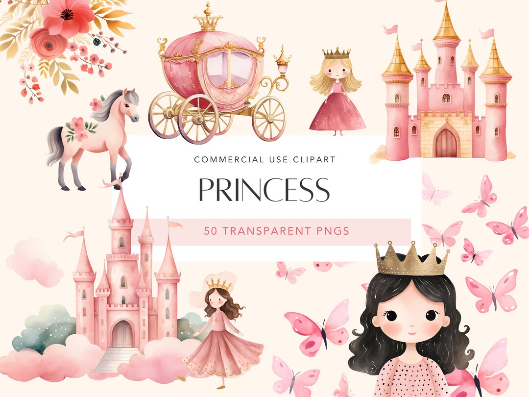 Pink Princess Clipart Watercolor Cute Princess and Knight - Etsy