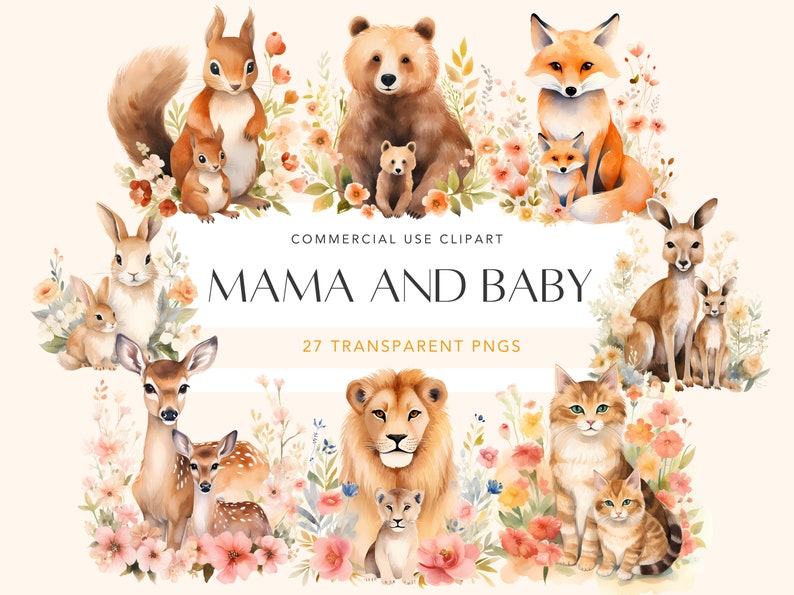 Watercolor Mama and Baby Animal Clipart for Mother's Day Clipart Cute ...