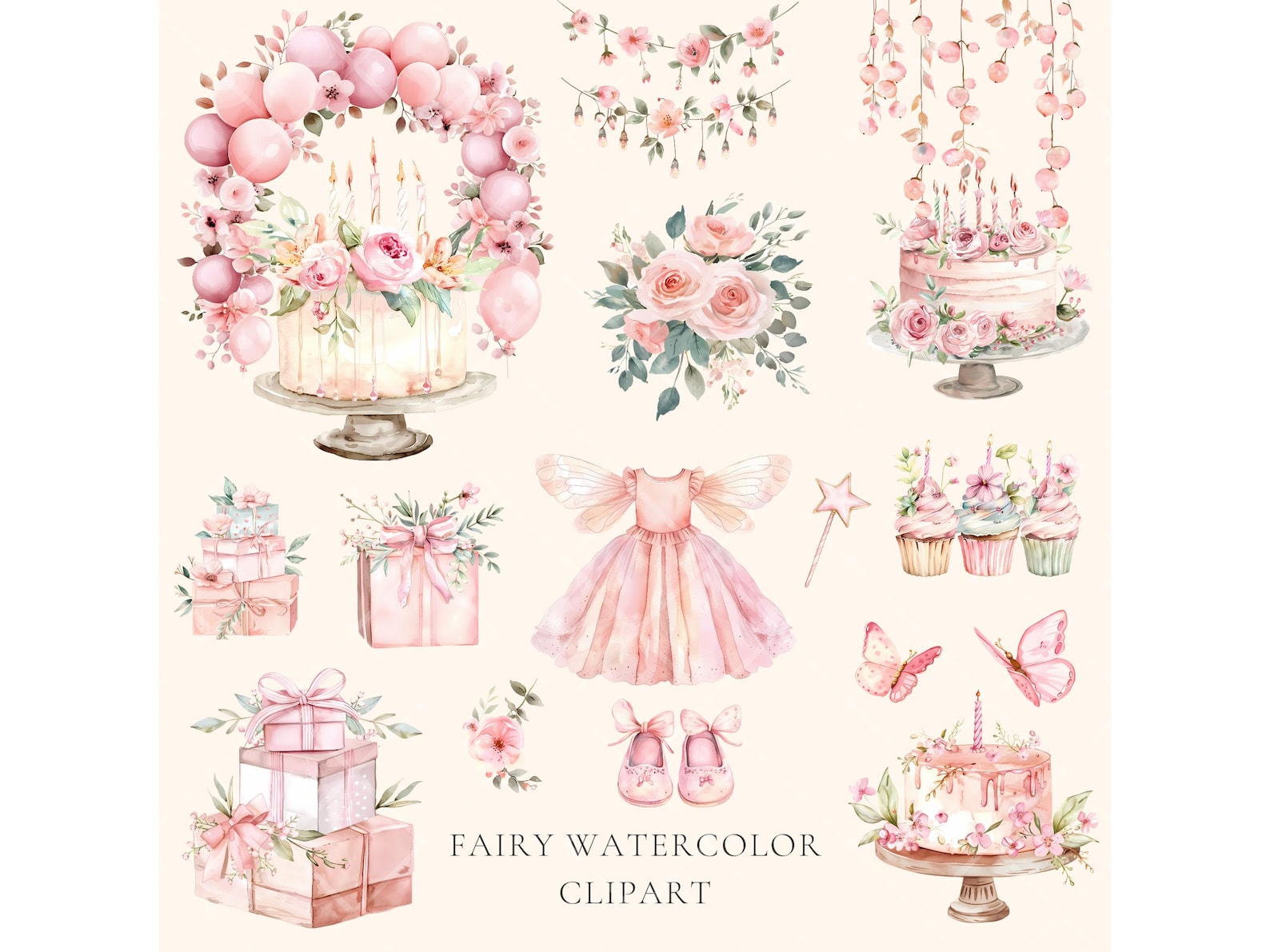 Watercolor Fairy Party Clipart Cute Fairy Birthday Party Clipart ...