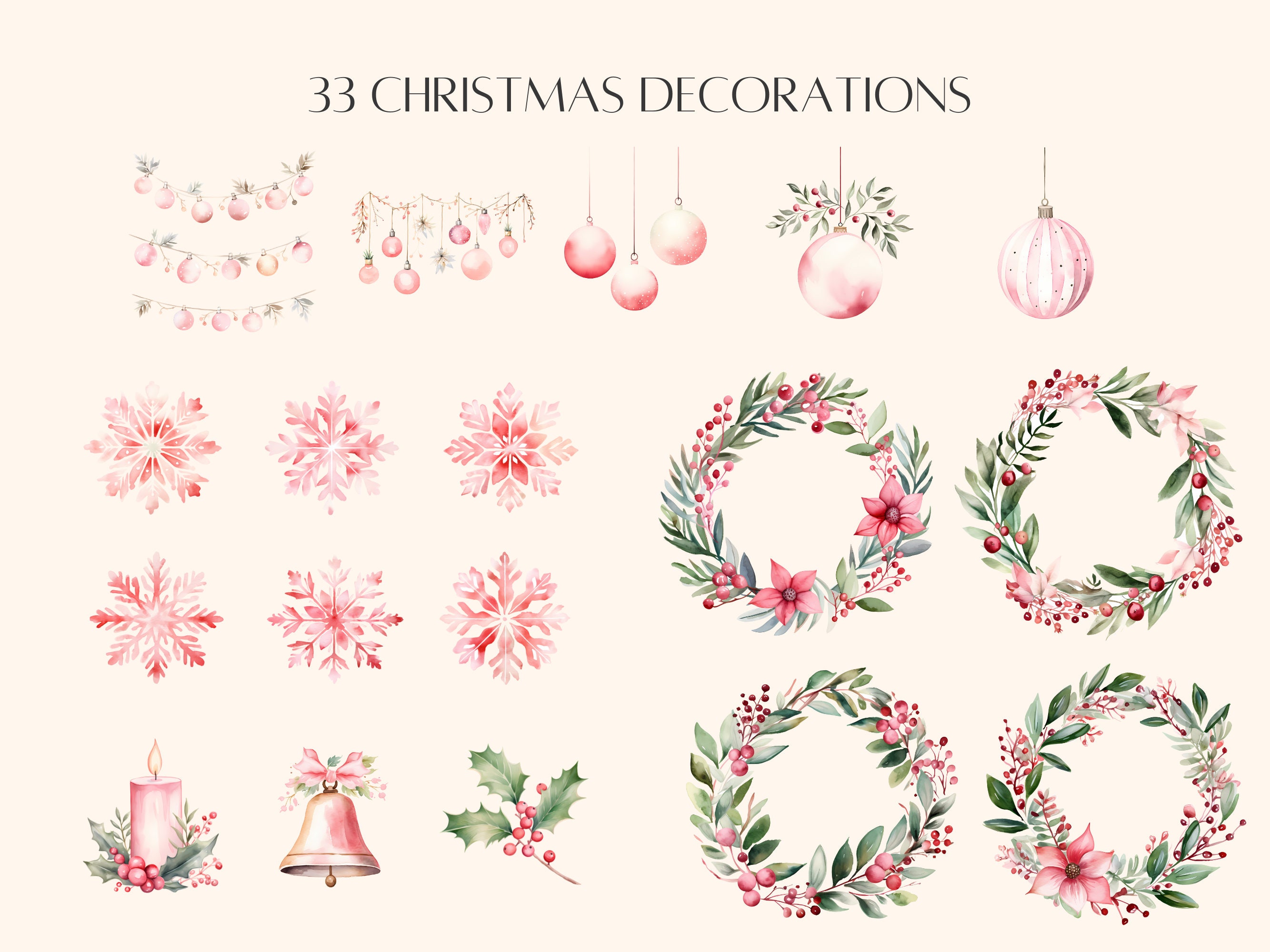 Pink Christmas Clipart Bundle Watercolor Pink Christmas PNG for ...
